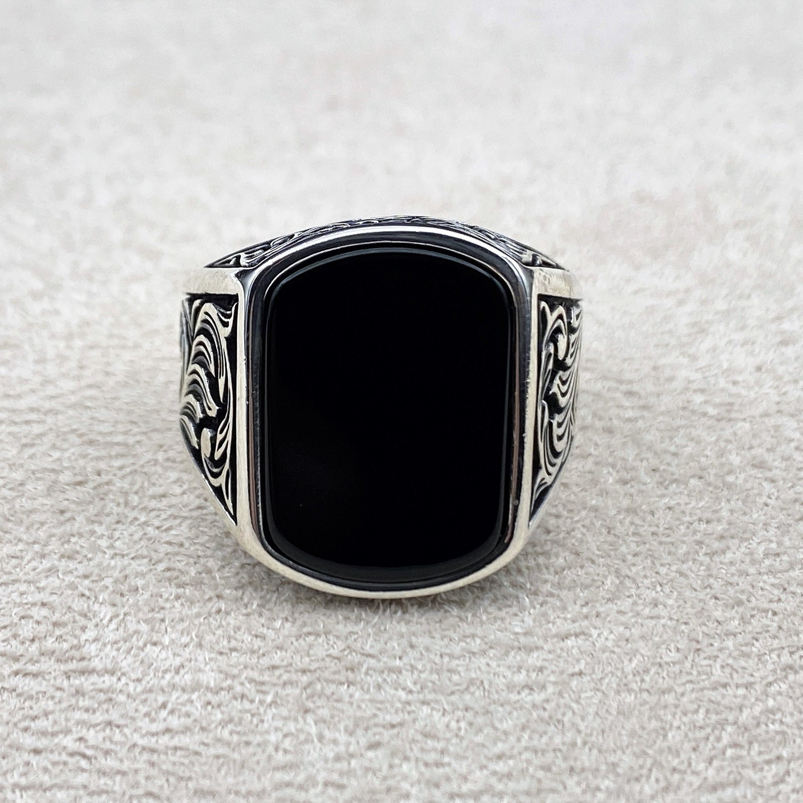 Men's Black Onyx Square Stone Handmade Silver Ring - Etsy