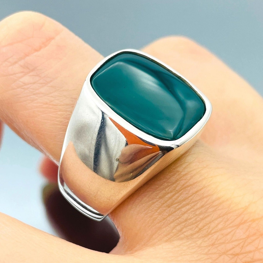 Anillo cuadrado de ágata verde para hombre: joyería artesanal de plata ...
