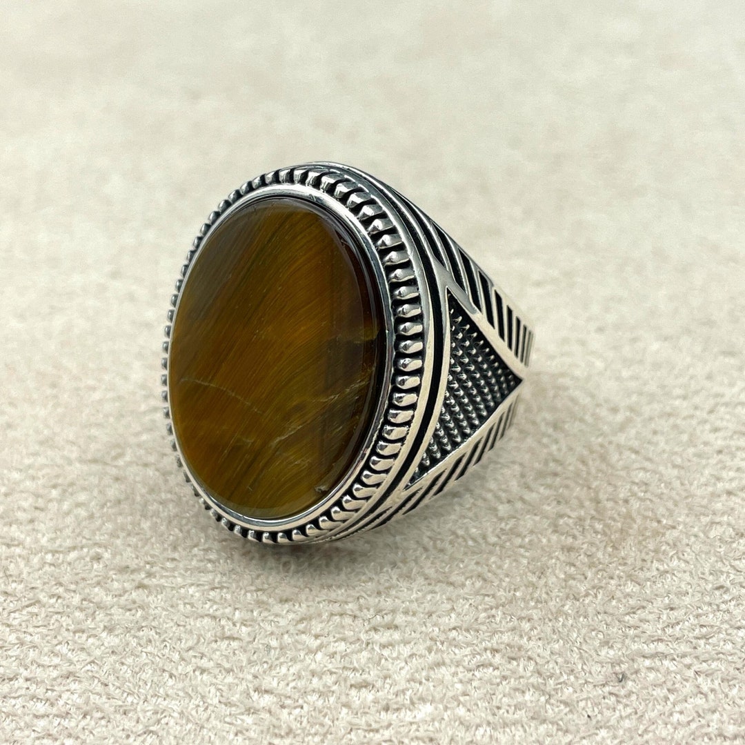 Tiger's Eye Stone Silver Ring Men, Agate Stone Ring,brown Stone Ring ...
