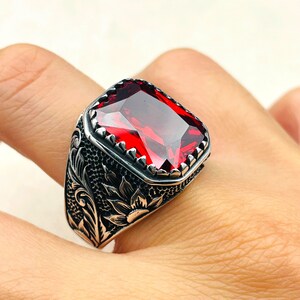 Ruby Ring Men, Red Ruby Square Gemstone Handmade Silver Ring, Leaf ...