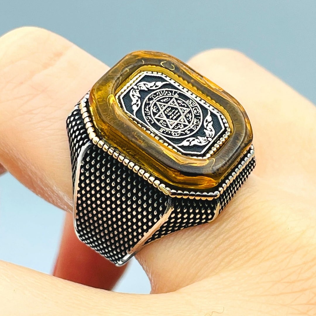 Seal of Solomon Ring, Star of David Ring, Amber Stone Ring, Turkish ...