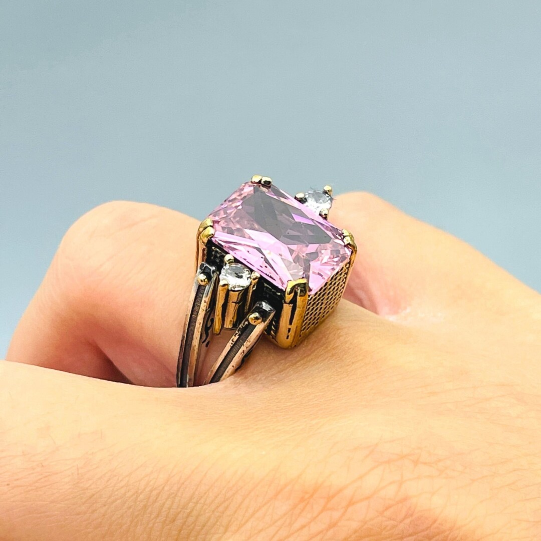 Square Model Two in a One Stone Ring Women, Pink Quartz - Zircon Stone ...