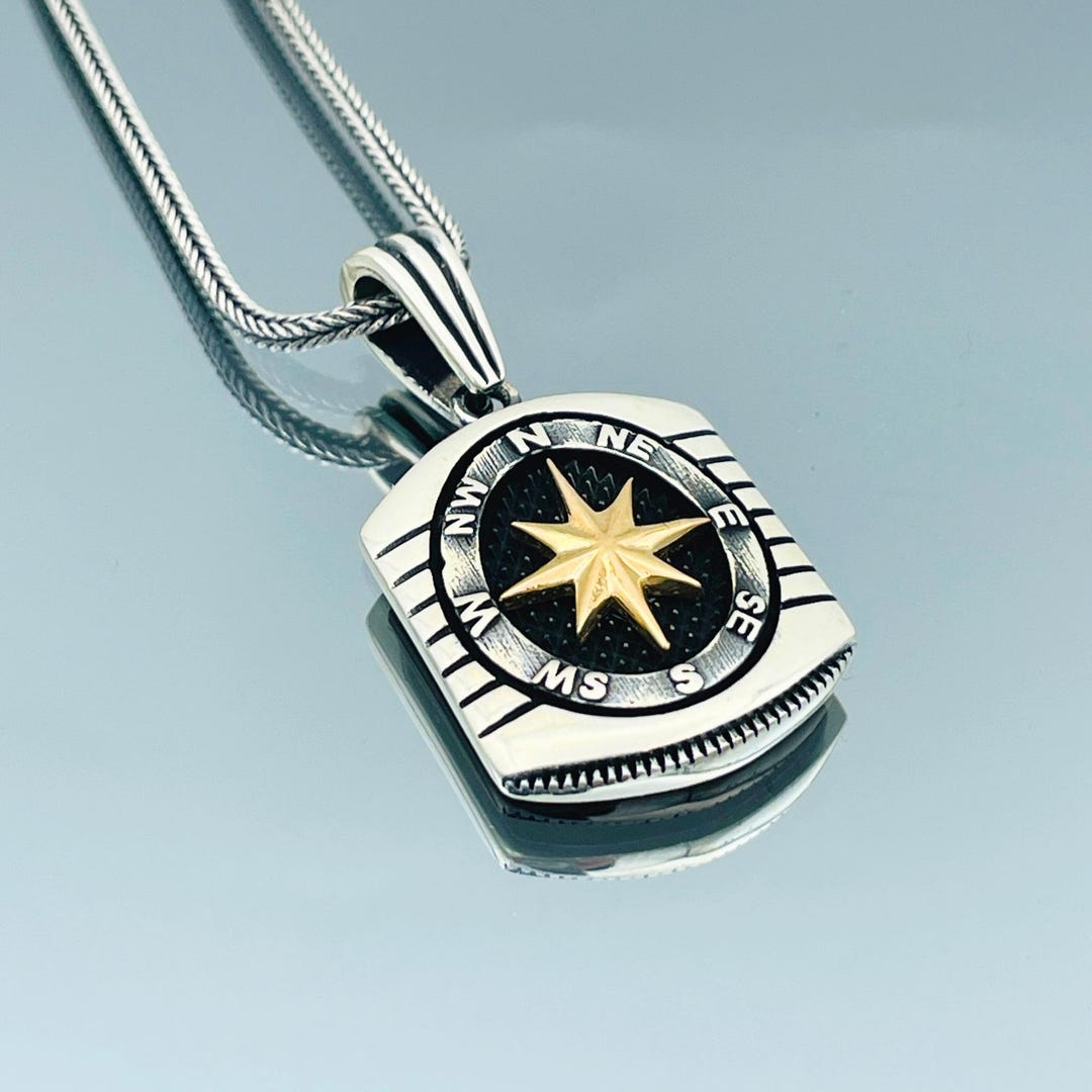 Compass Silver Necklace, Compass Pendant, 925 Sterling Silver, Foxtail ...