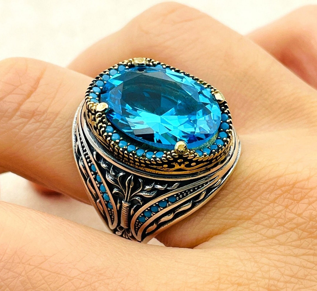 Mens Sapphire Stone Silver Ring, Blue Oval Stone Silver Ring, Ottoman ...