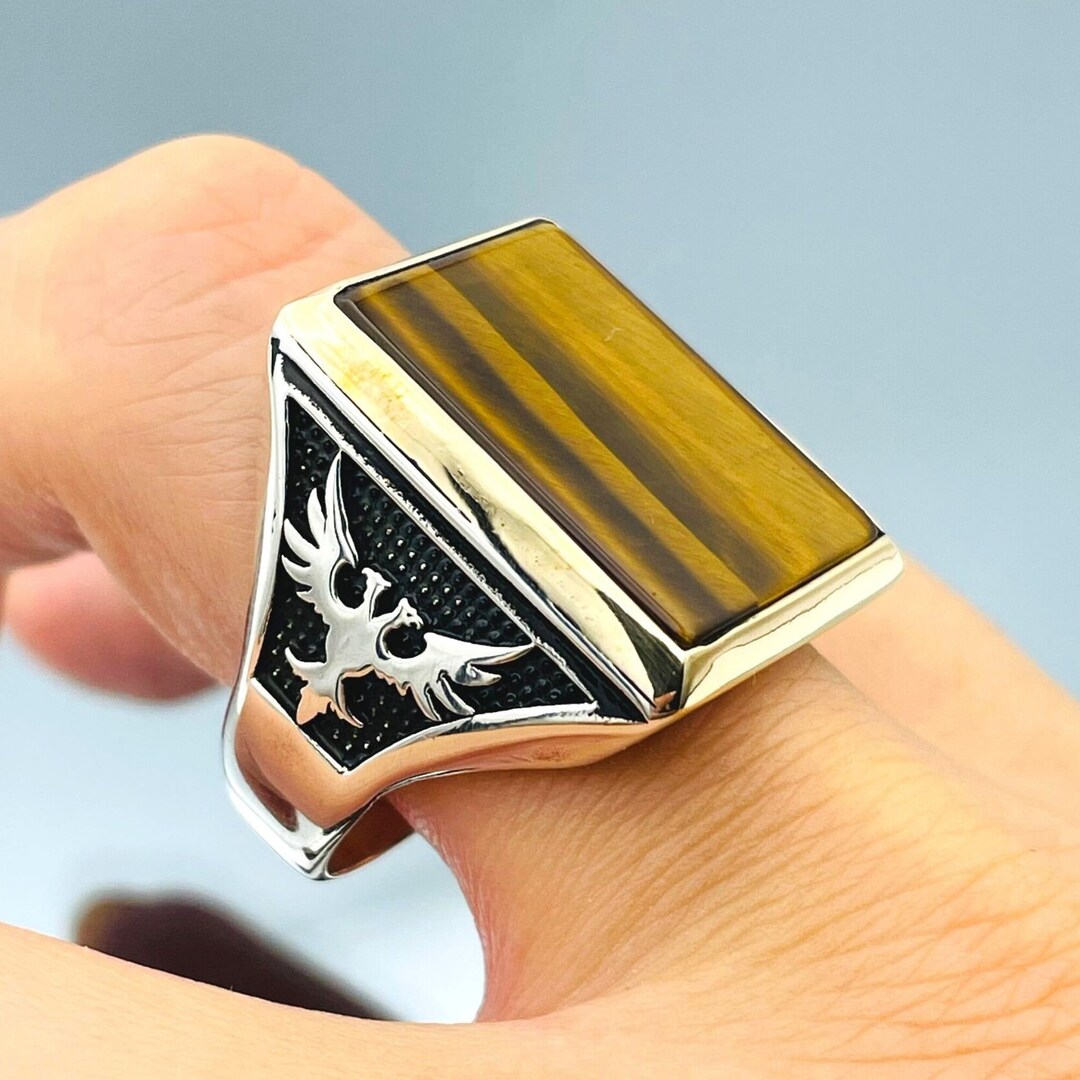Tiger's Eye Ring Mens, Brown Stone Ring, Handmade Silver Ring, Eagle ...