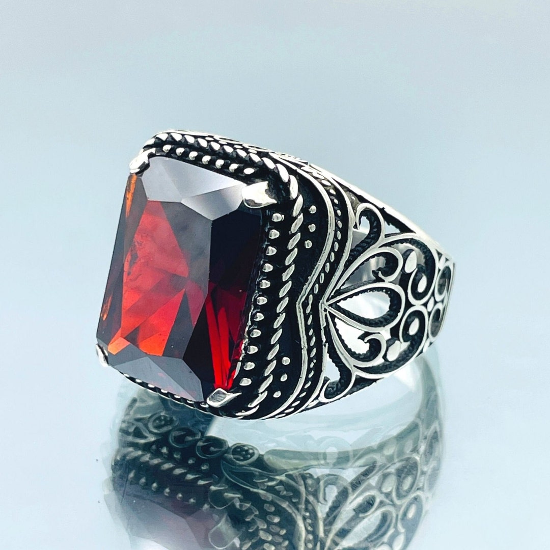 Men's Red Ruby Stone Ring, Turkish Handmade Ring, Red Square Stone Ring, Gift Him, Gift Birthday ...