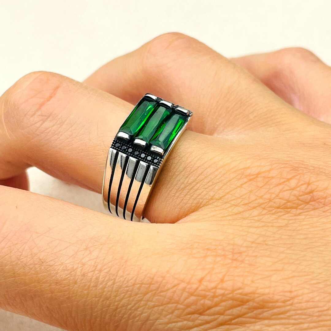 Men's Handmade Silver Ring, Green Emerald Men Silver Ring, Minimal ...