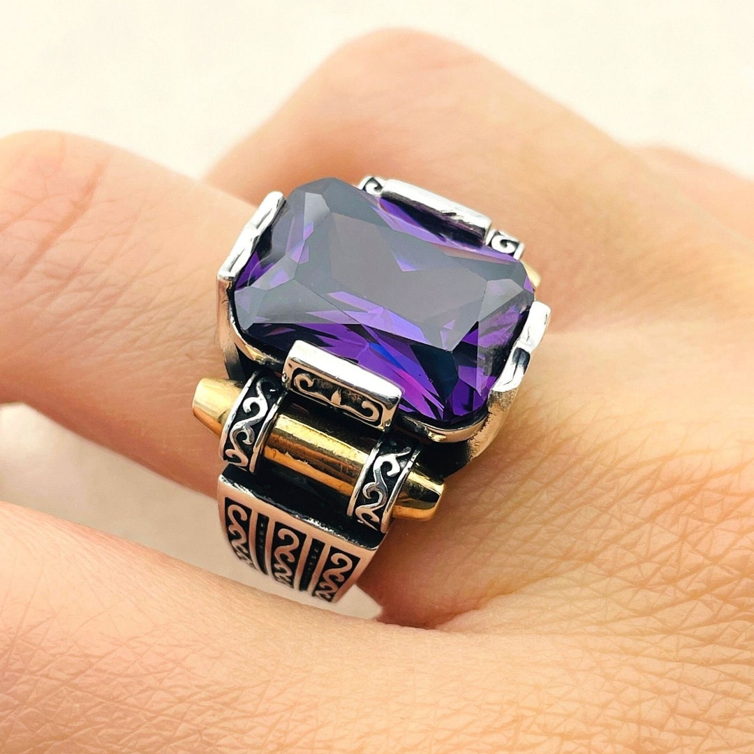 Purple Amethyst Squared Stone Mens Ring, Turkish Handmade Ring, 925k ...