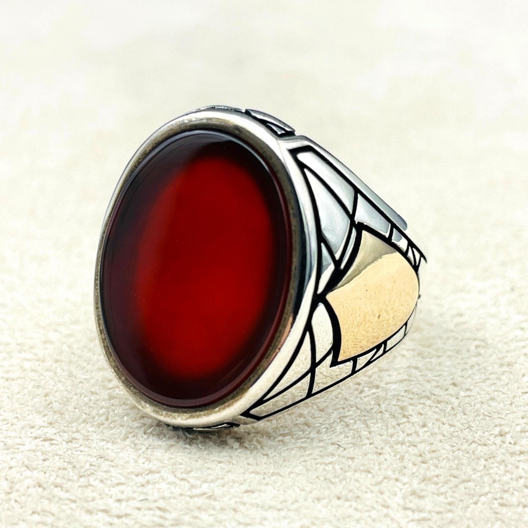 Mens Red Agate Stone Silver Ring, Yemeni Aqeeq Stone Ring, Ottoman ...