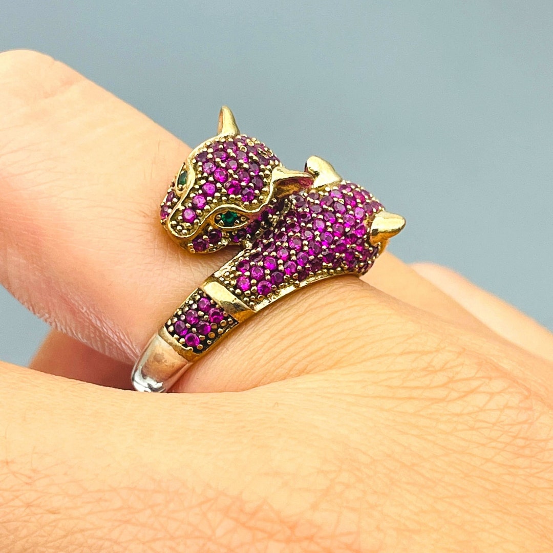 Pink Ruby Stone Tiger Figured Silver Ring, Sterling Silver Ring, Animal ...