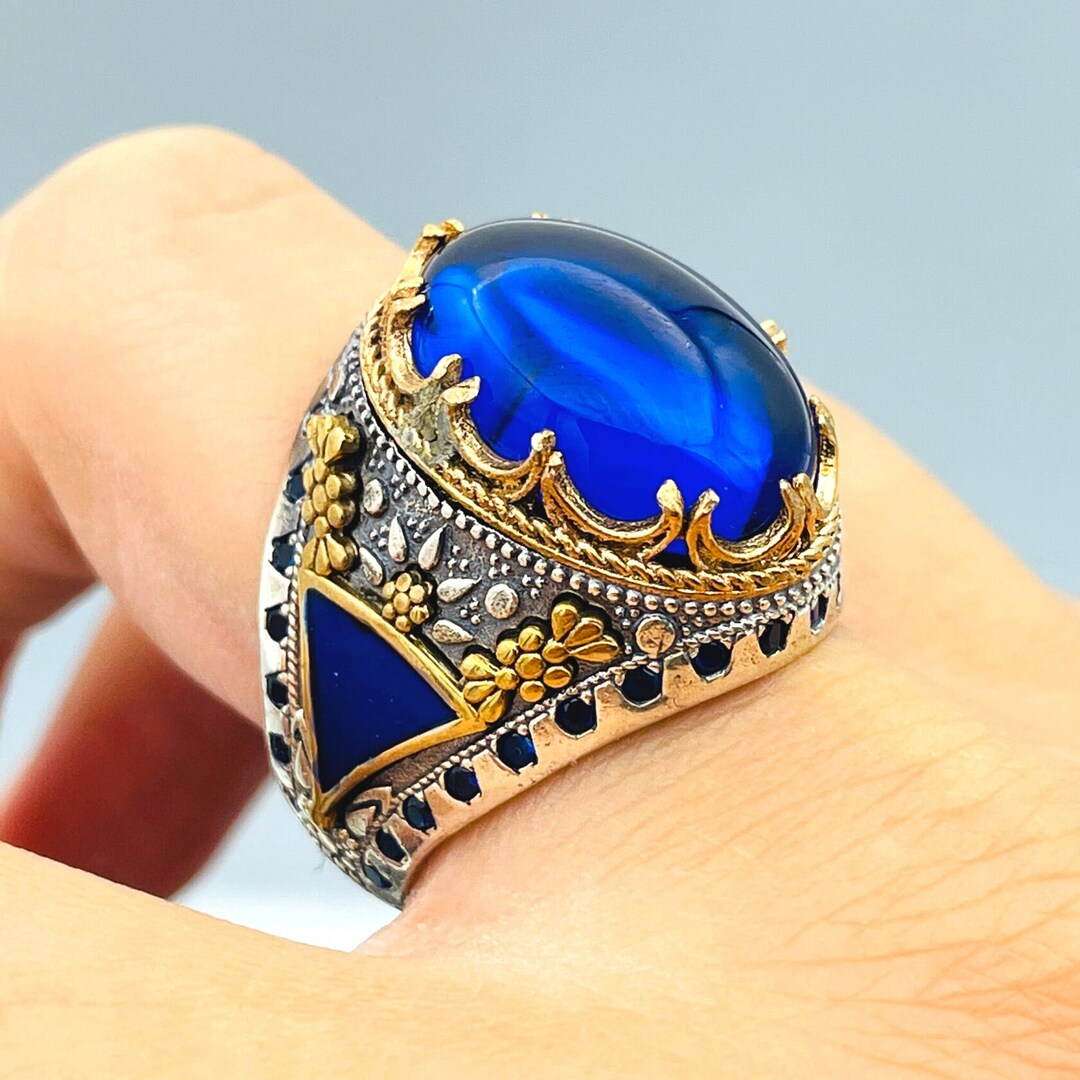 Blue Sapphire Ottoman Style Men's Ring, 925 Sterling Silver - Etsy