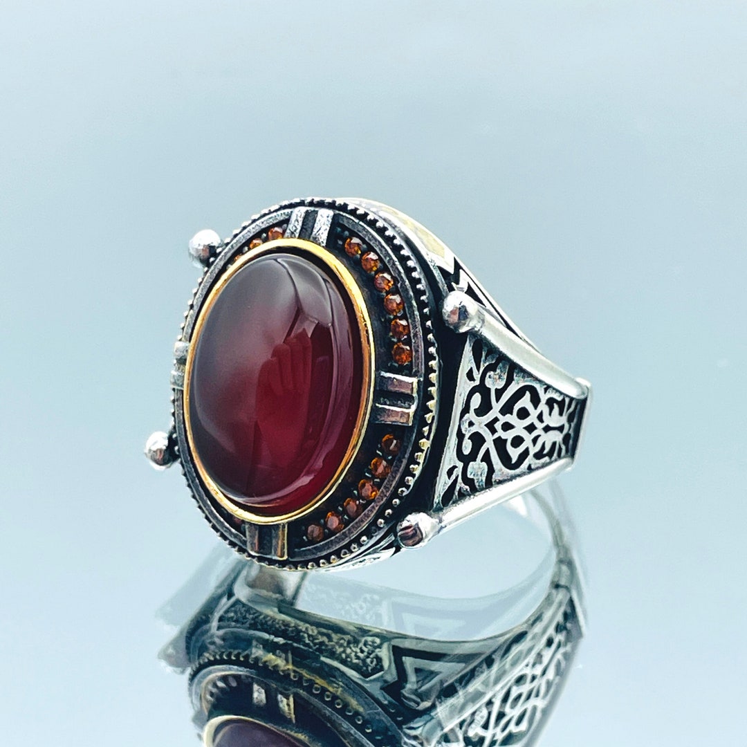 Men Red Agate Stone Ring, Natural Aqeeq Gemstone Ring, 925 Sterling ...