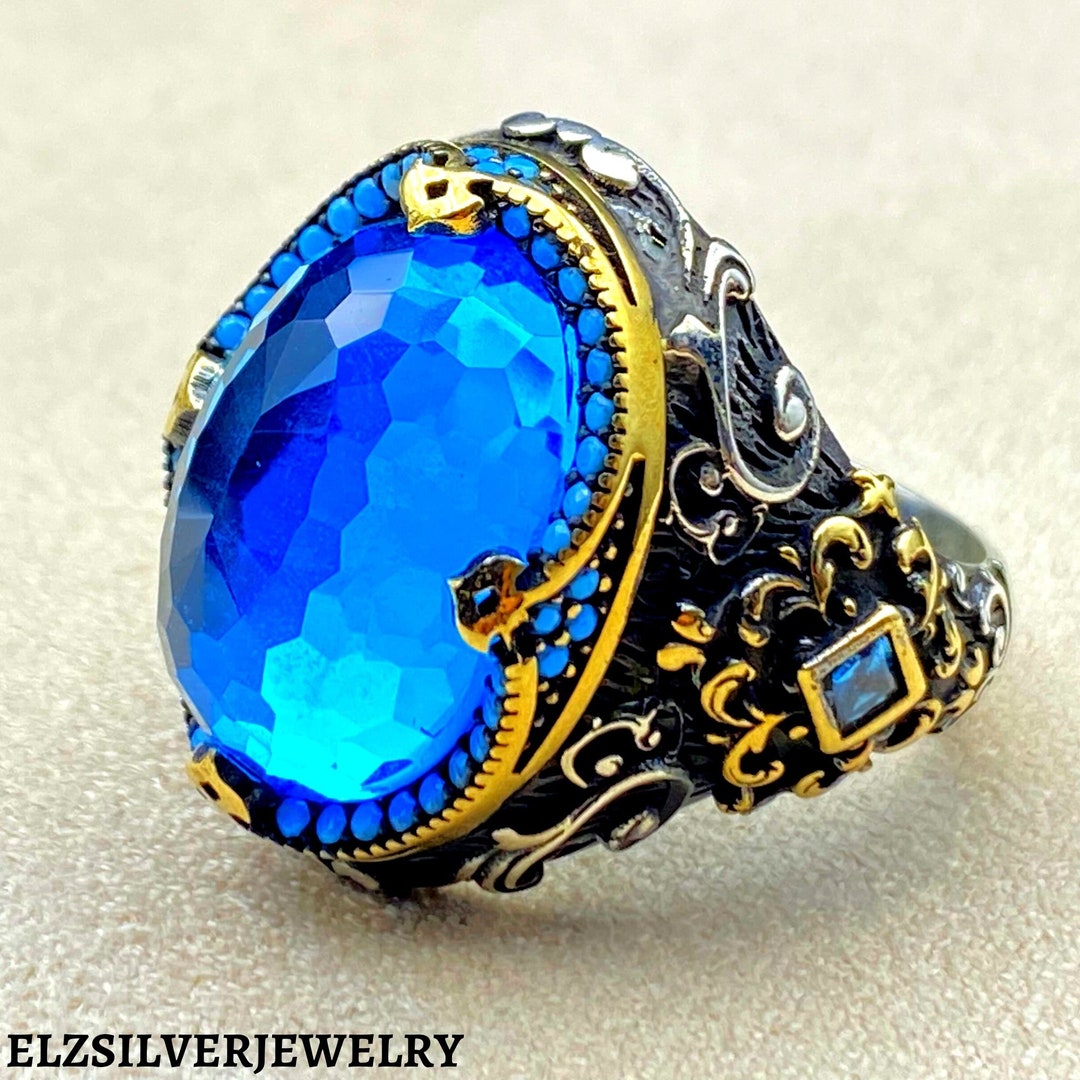 Mens Blue Aquamarine Stone Ring, Turkish Handmade Ring, Ottoman Style ...