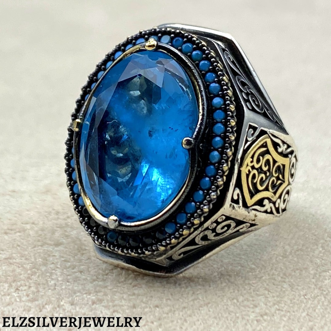 Mens Tourmaline Stone Silver Ring, Blue Oval Stone Silver Ring, Turkish ...