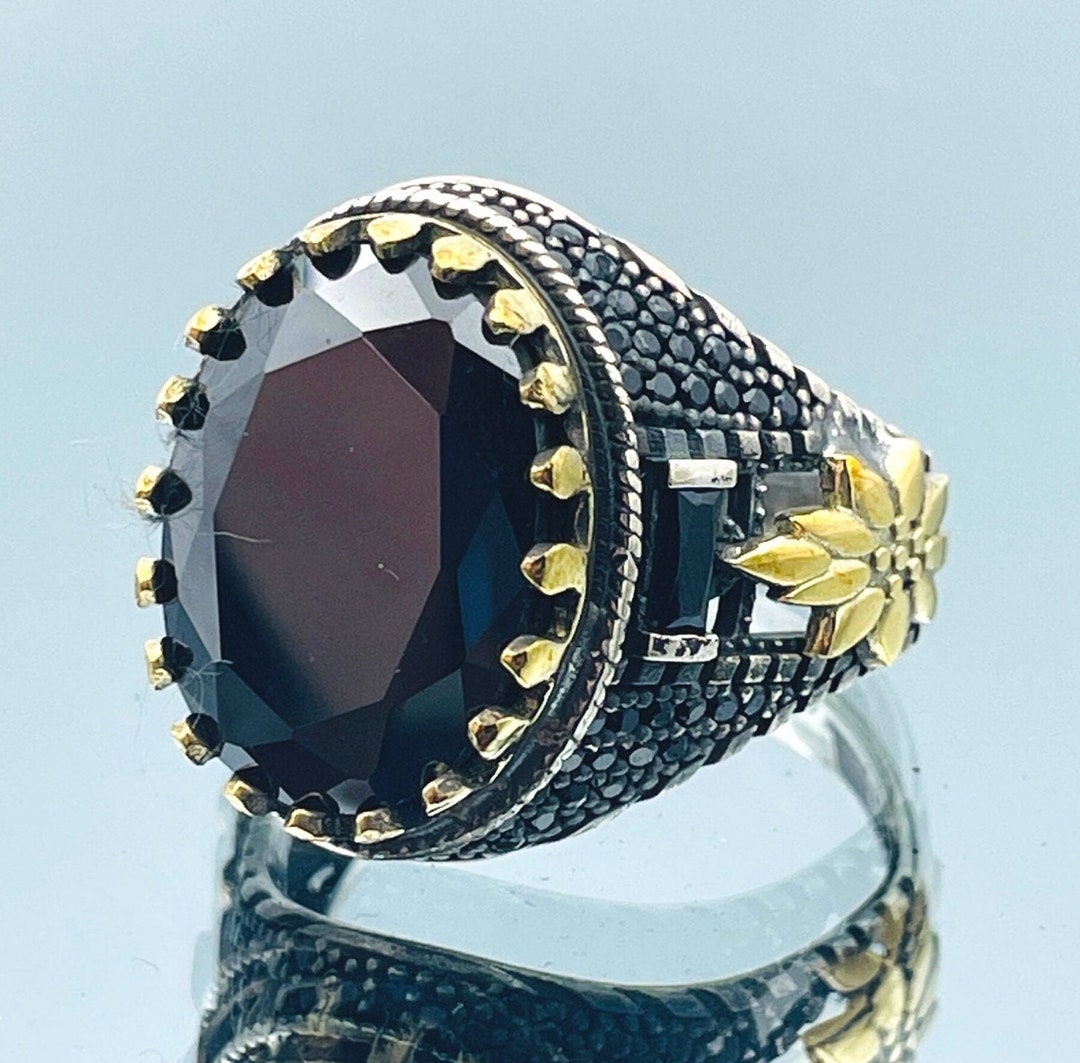 Men's Black Onyx Ring: Gothic Engraved 925 Sterling Silver, Turkish ...