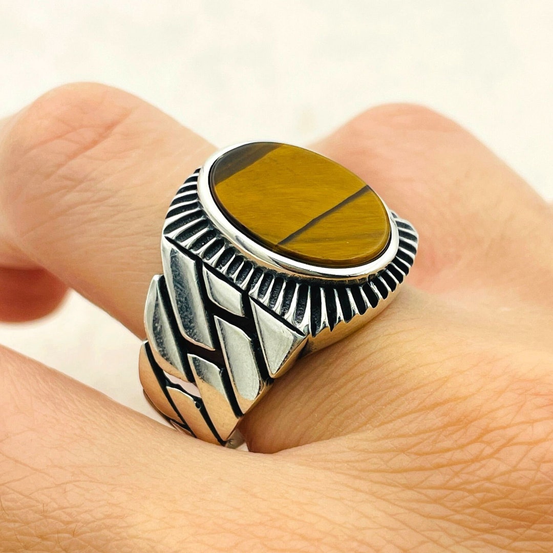 Tiger's Eye Stone Mens Ring, Brown Oval Stone Turkish Handmade Silver ...