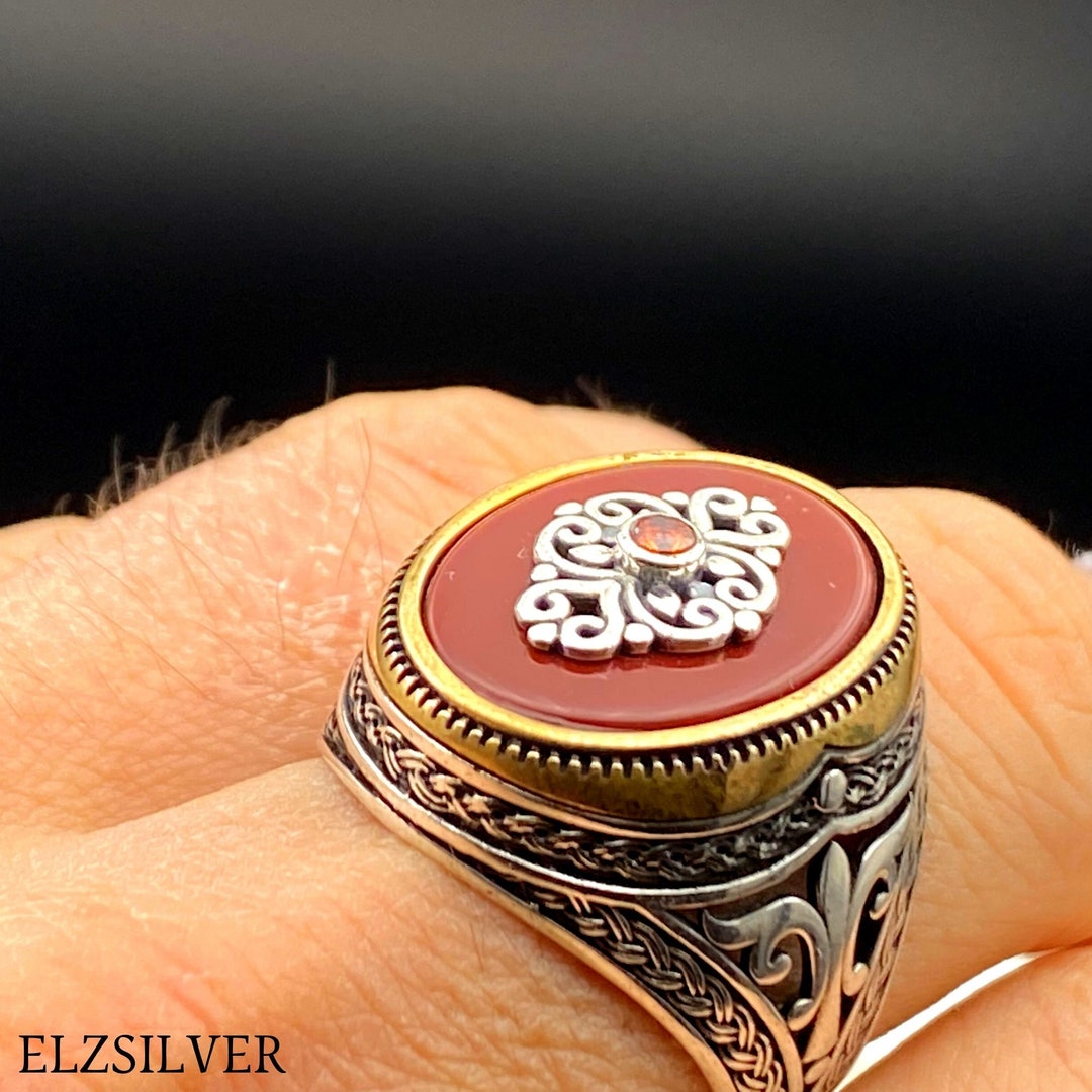Mens Agate Stone Shield Ring: Handmade 925 Sterling Silver, Vintage ...