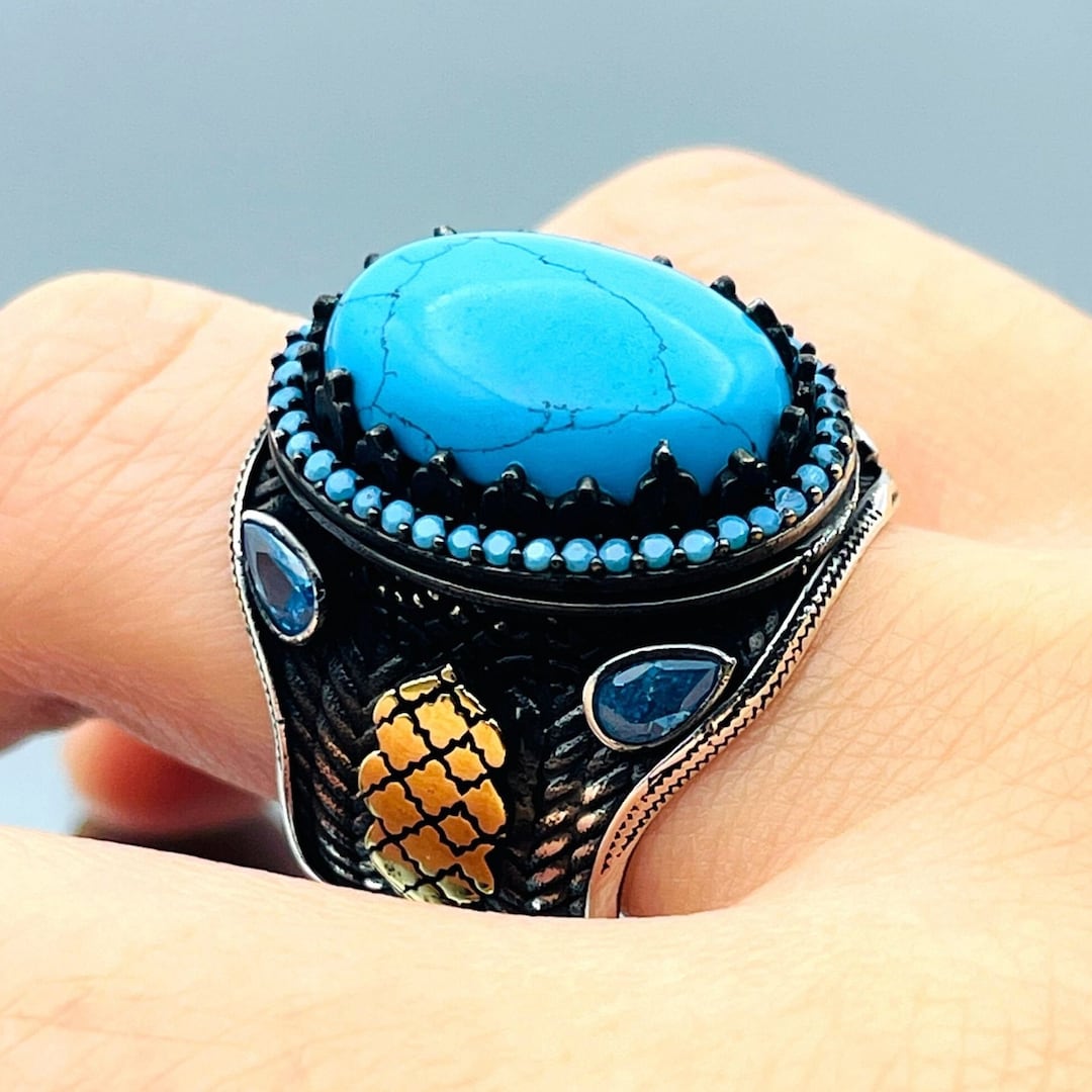 Blue Turquoise Stone Sterling Silver Ring - Handmade Ottoman Style Mens ...