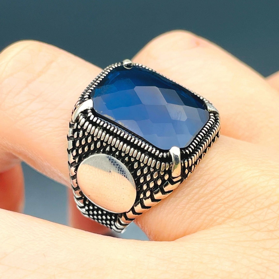 Zircon Ring Men, Blue Squared Stone Ring, Turkish Handmade Ring, 925k ...