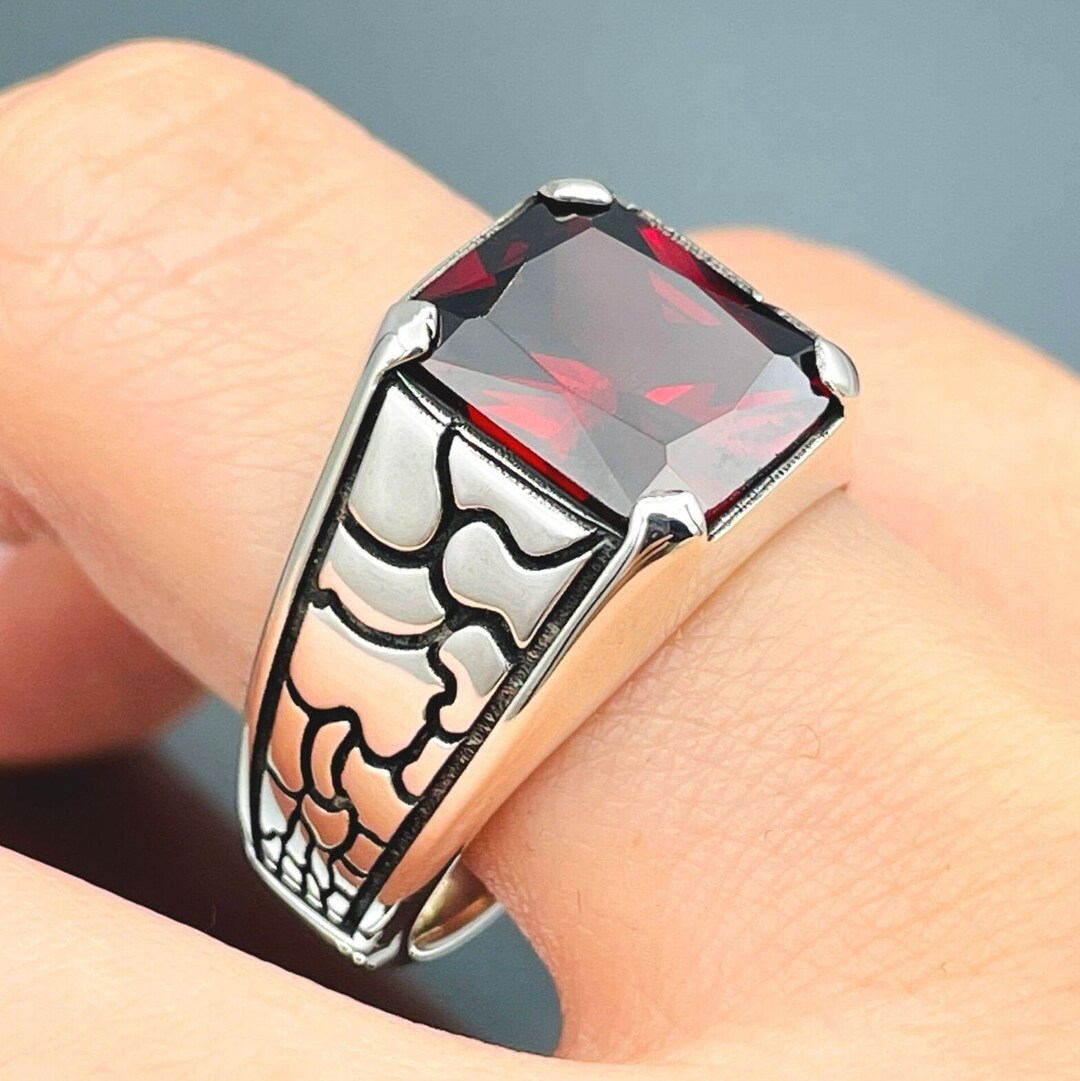 Ruby Stone Mens Ring, Square Stone Minimalist Silver Ring, Red Stone ...