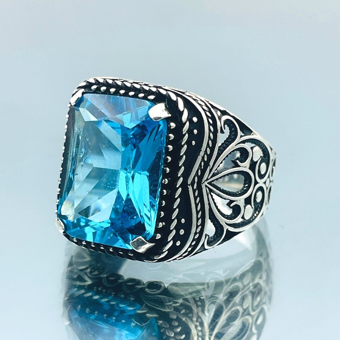 Men's Blue Aquamarine Stone Ring, Handmade Blue Square Stone Ring, Gift ...