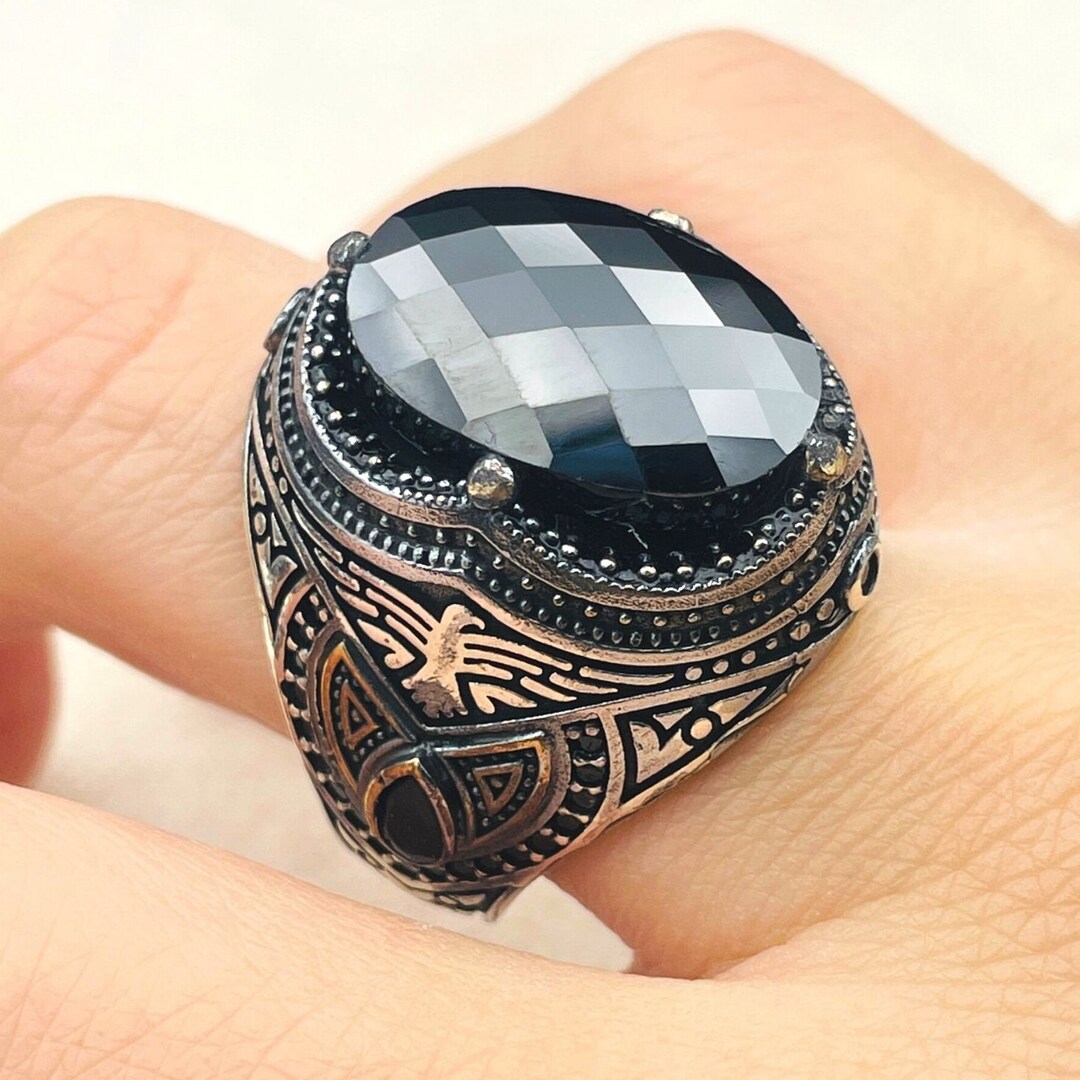 Men's Black Onyx Stone Handmade Silver Ring, Eagle Detailed Ring, 925 ...