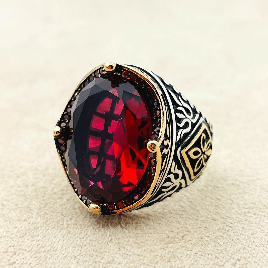 Men's Red Ruby Stone Ring, Ottoman Style Silver Ring, Turkish Handmade Ring, Men Jewelry Ring ...