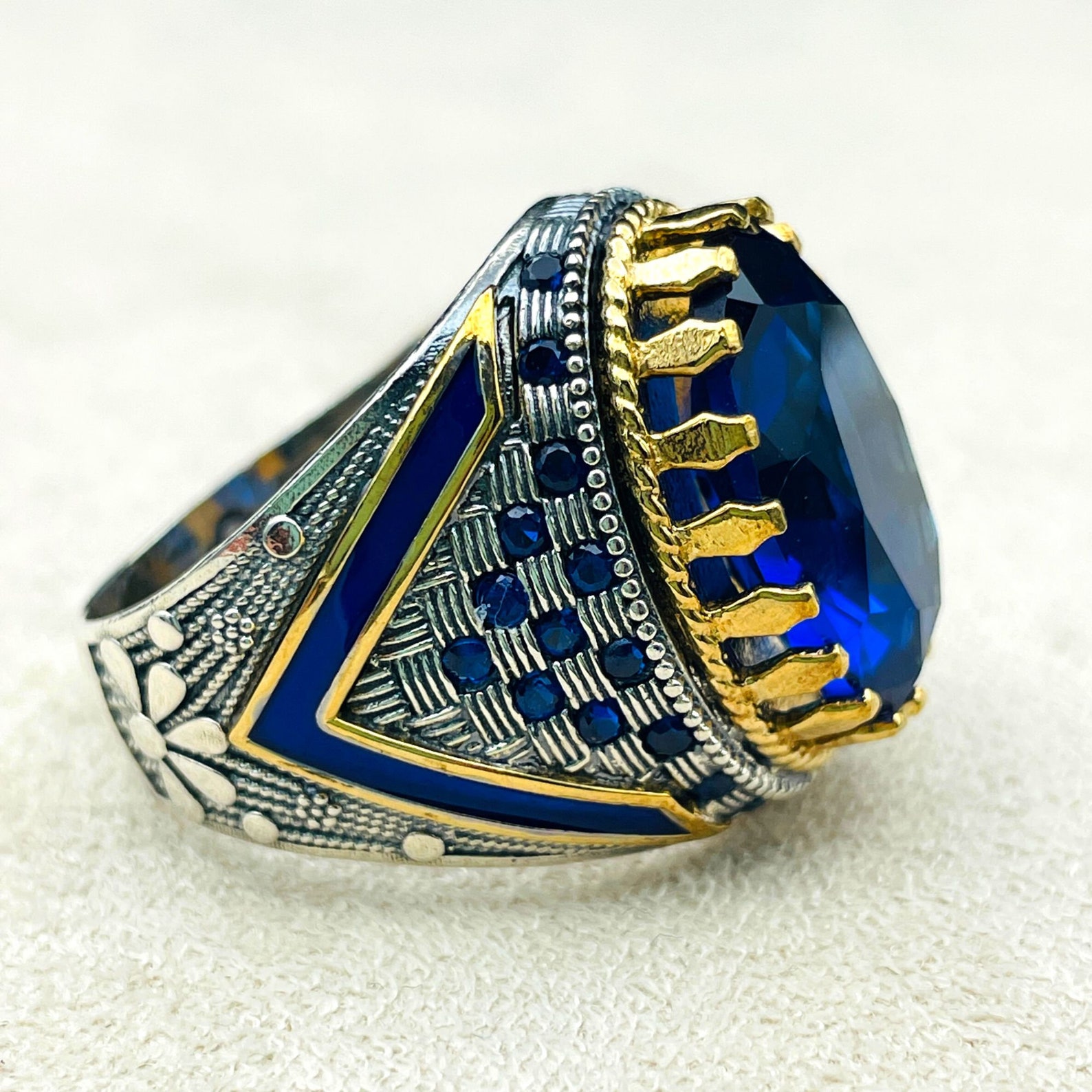 Blue Sapphire Stone Mens Ring: Turkish 925 Sterling Silver Ottoman ...