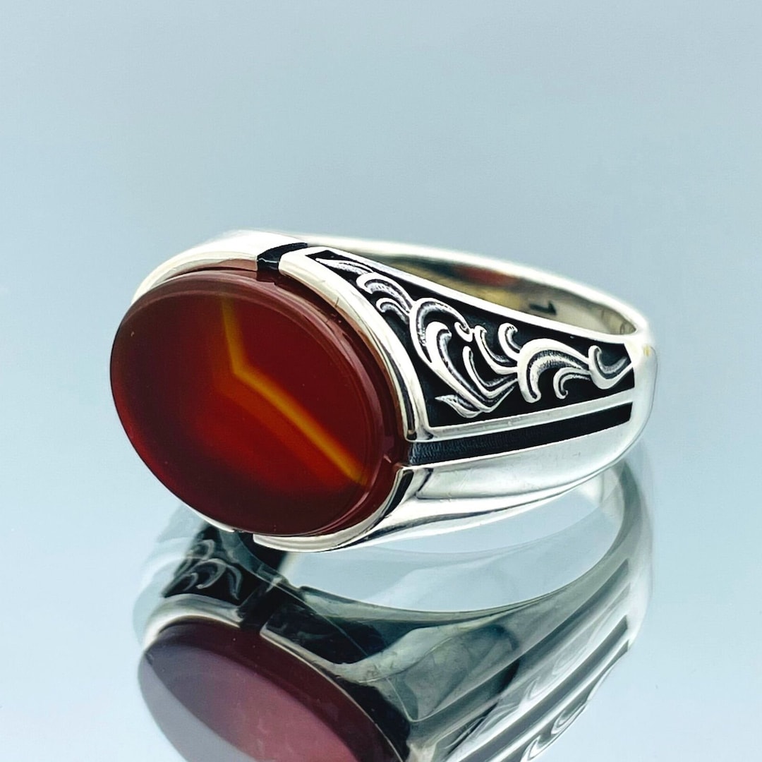 Handmade Mens Aqeeq Ring: 925 Sterling Silver, Dark Red Agate Stone - Etsy