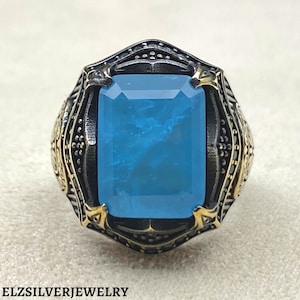 Mens Tourmaline Stone Silver Ring, Blue Square Stone Silver Ring ...