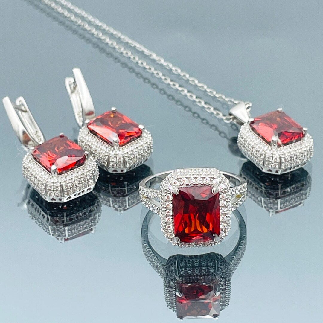 Ladies Red Ruby 925 Sterling Silver Jewelry Set: Handmade Women's Ring ...