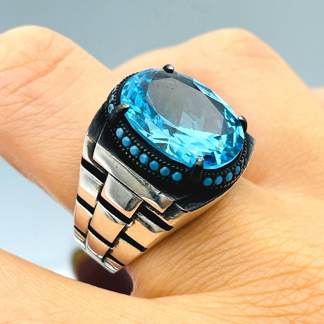 Mens Blue Aquamarine Stone Silver Ring, Turkish Handmade Silver Ring ...