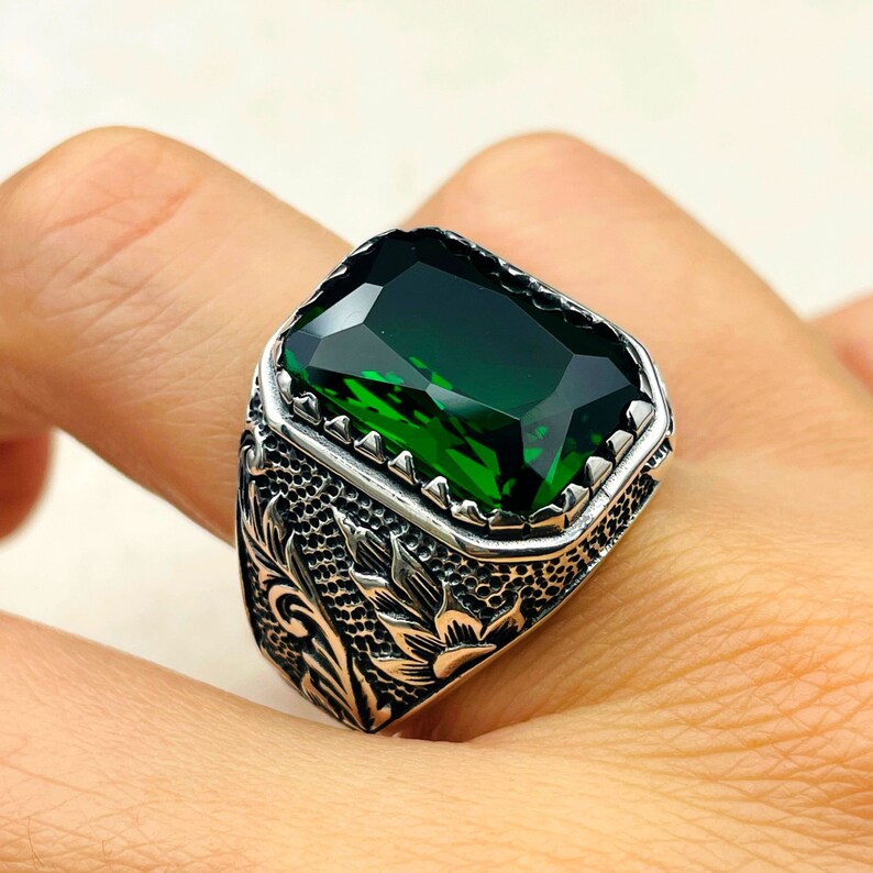 Emerald Ring Men Green Emerald Square Gemstone Handmade - Etsy
