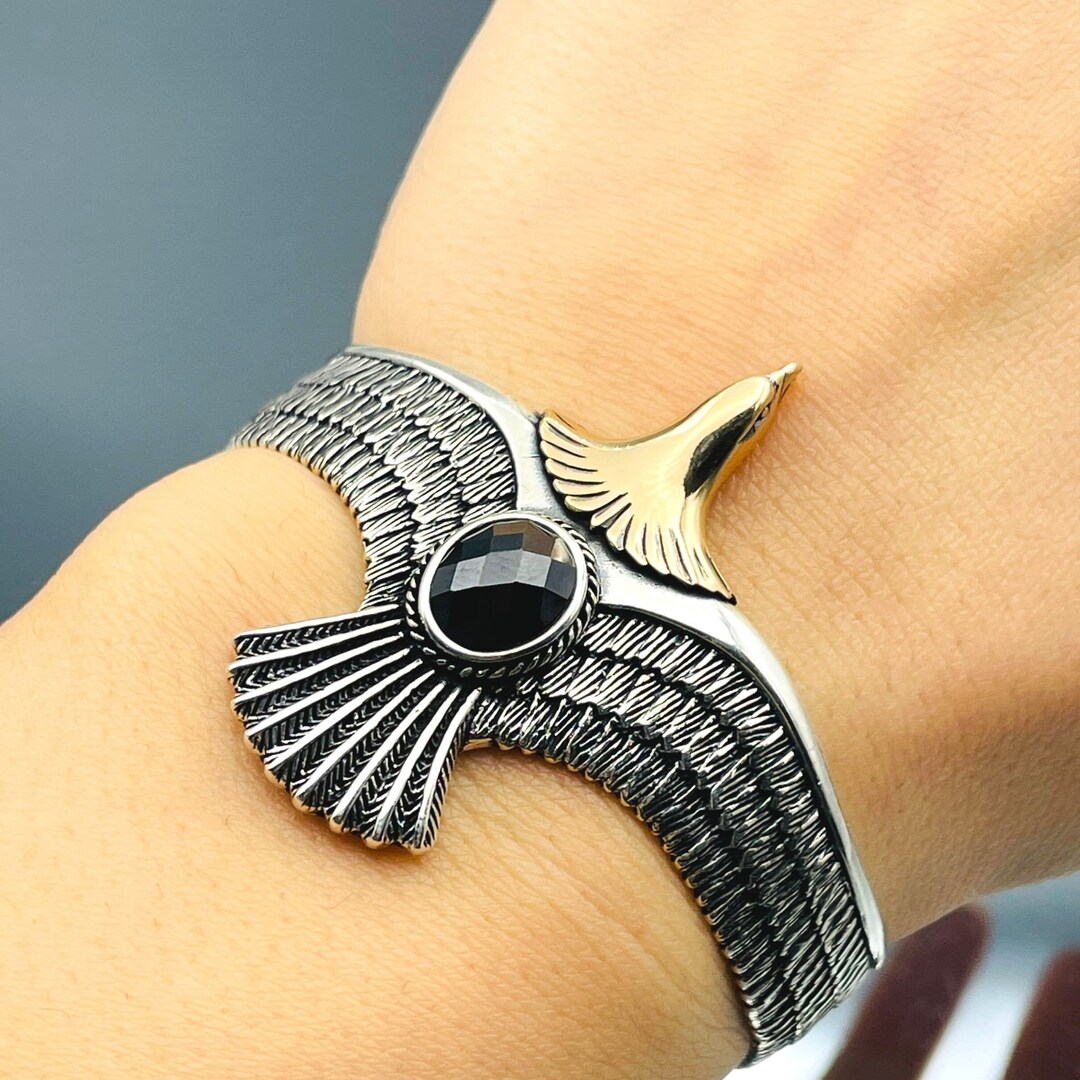 Sterling Silver Eagle Cuff Bracelet: Black Zircon, Handmade Jewelry - Etsy