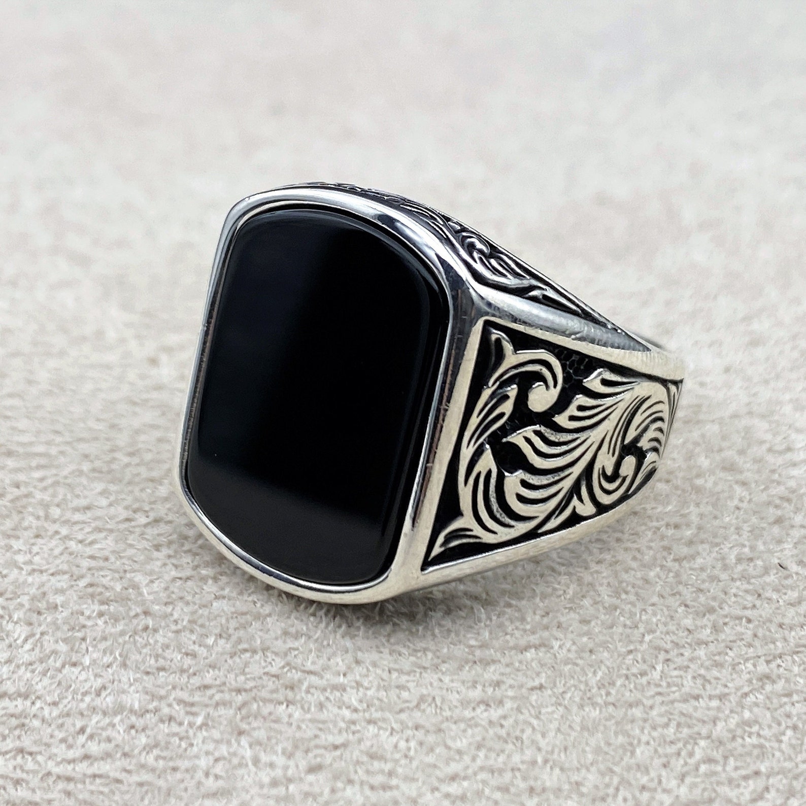 Men's Black Onyx Square Stone Handmade Silver Ring - Etsy