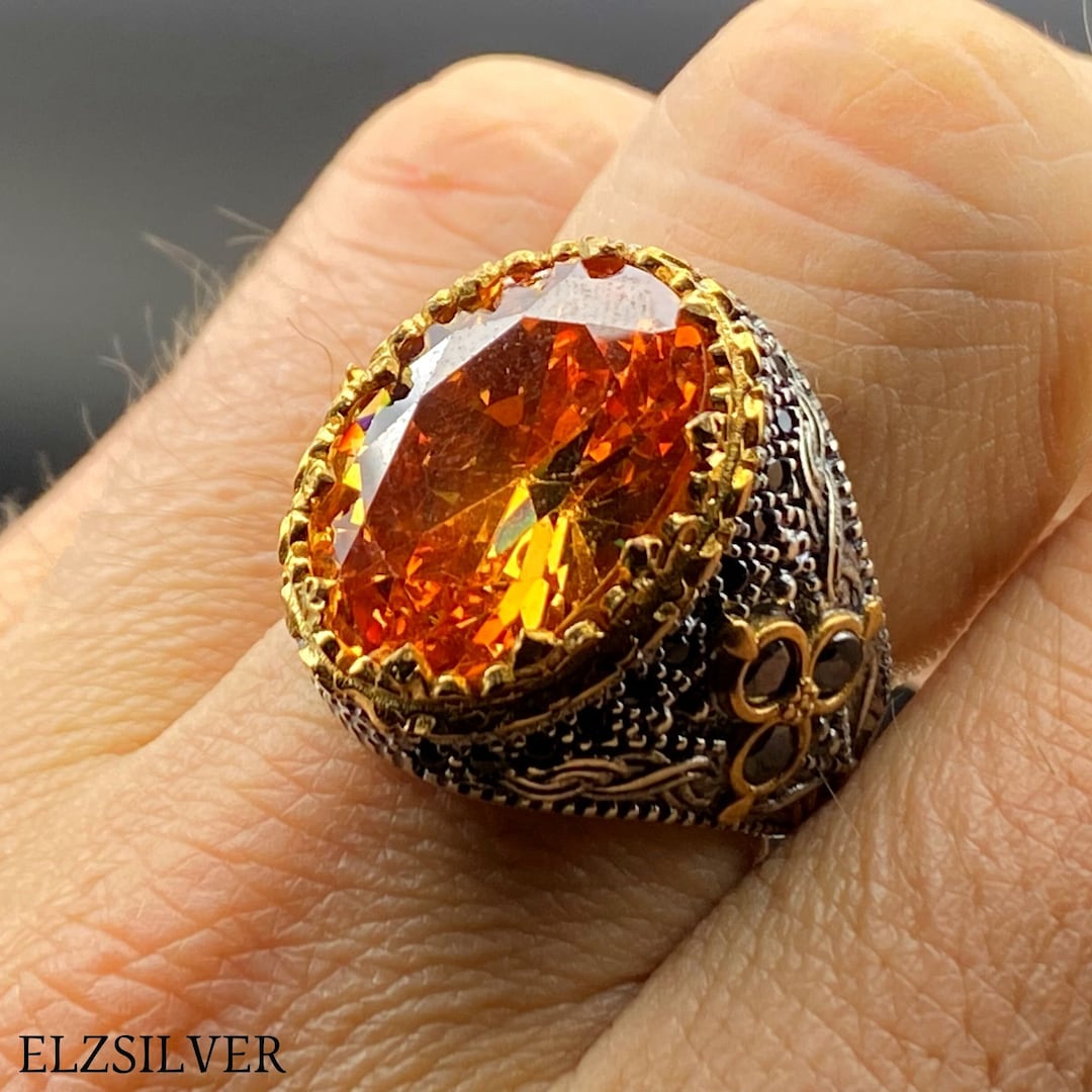 Mens Citrine Stone Ring Men, Turkish Handmade Silver Ring, Orange Stone ...