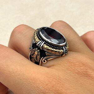 Men's Red Ruby Stone Silver Ring, Double Headed Eagle Ring, Turkish Handmade Silver Ring, 925 ...