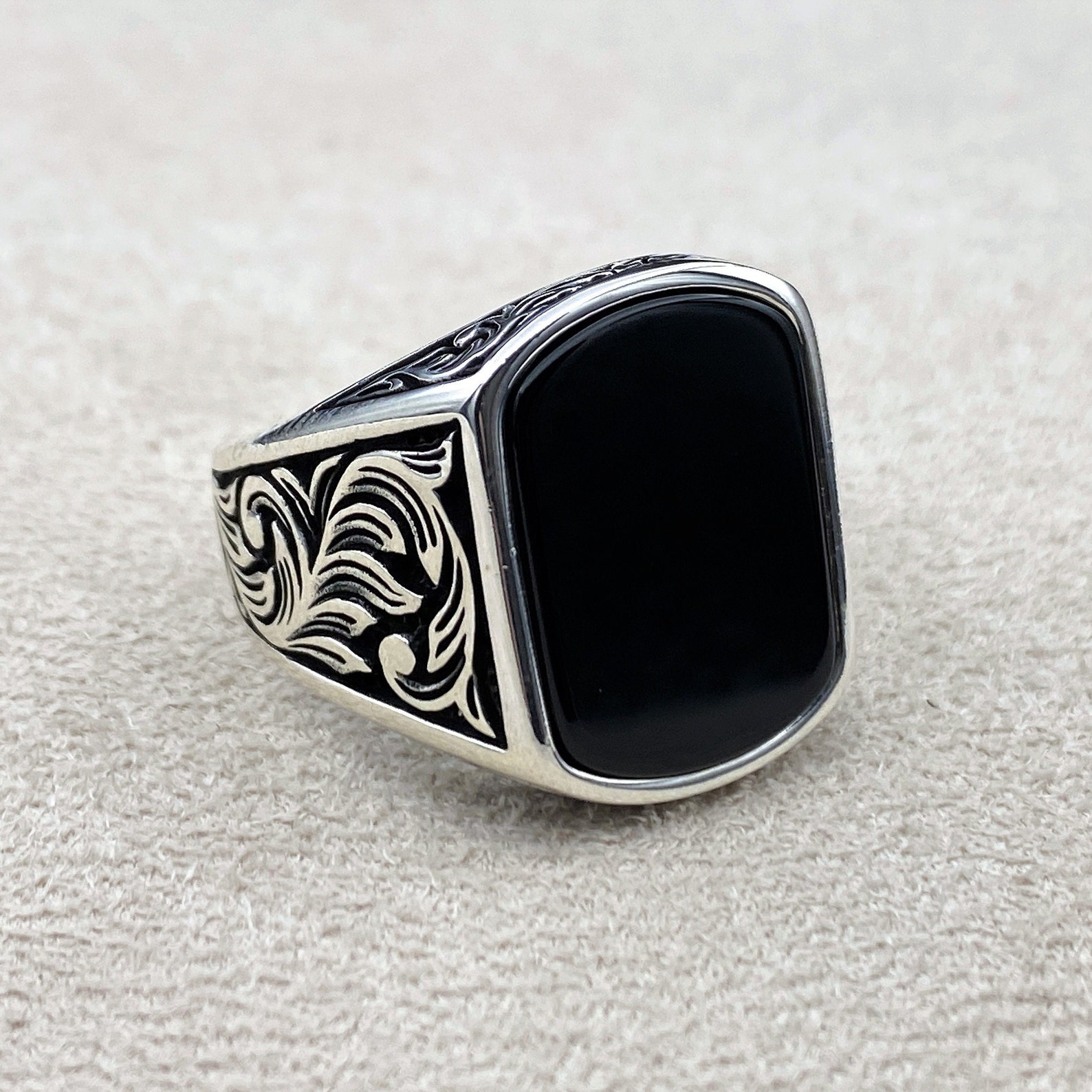 Men's Black Onyx Square Stone Handmade Silver Ring - Etsy