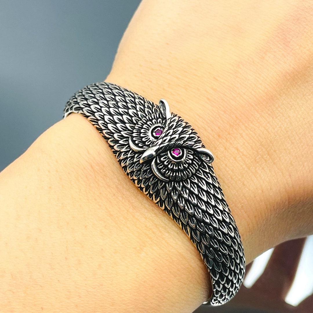Mens Silver Owl Bracelet, Owl Cuff Bracelet, Handmade Gift Bracelet ...
