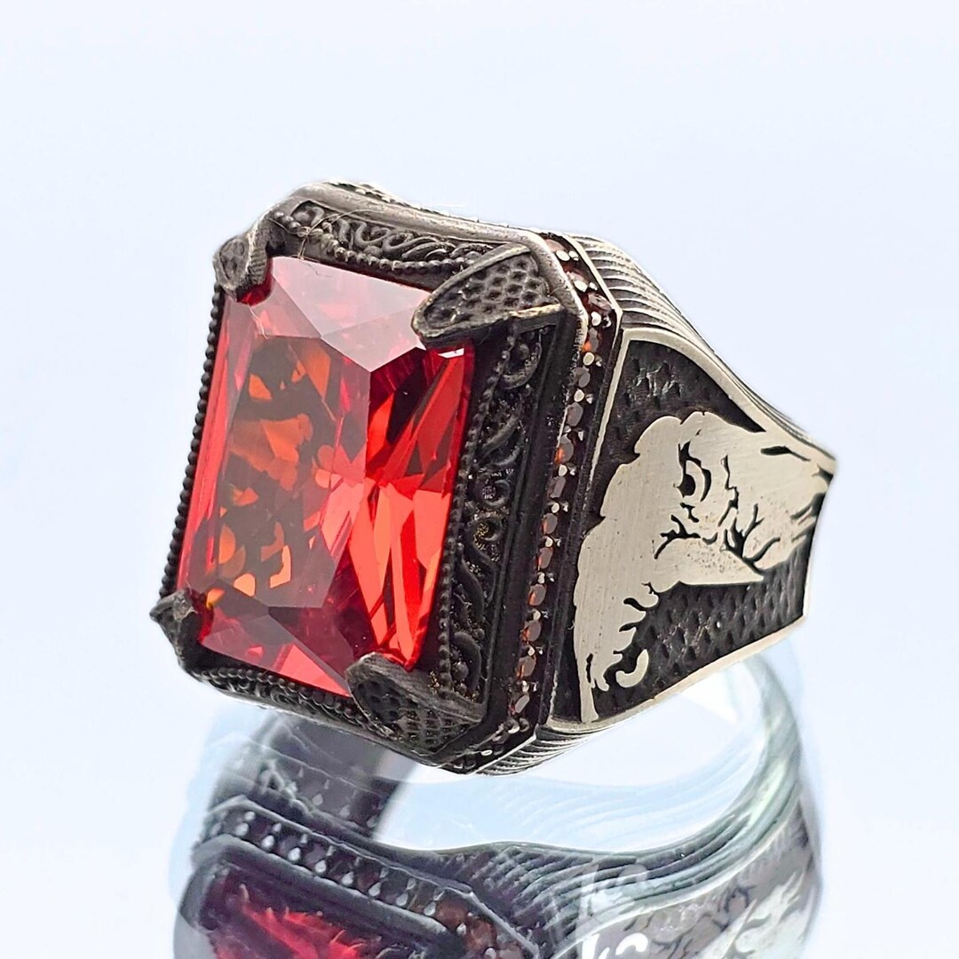 Men's 925 Sterling Silver Ring: Ruby Red Stone, Eagle Engraved - Etsy