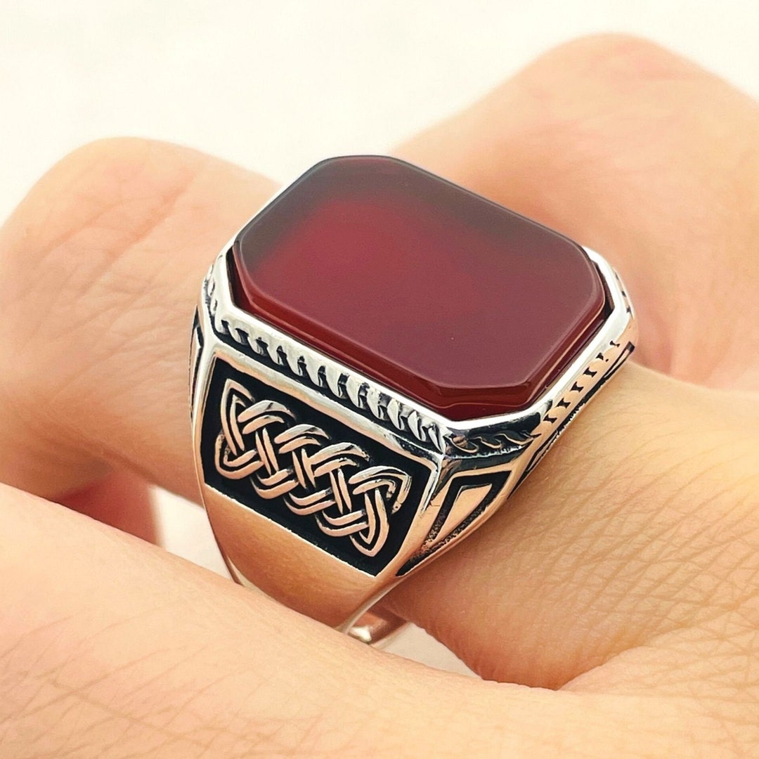 Men's Agate Stone Silver Ring, Handmade Jewelry Men, Knitting Detailed ...