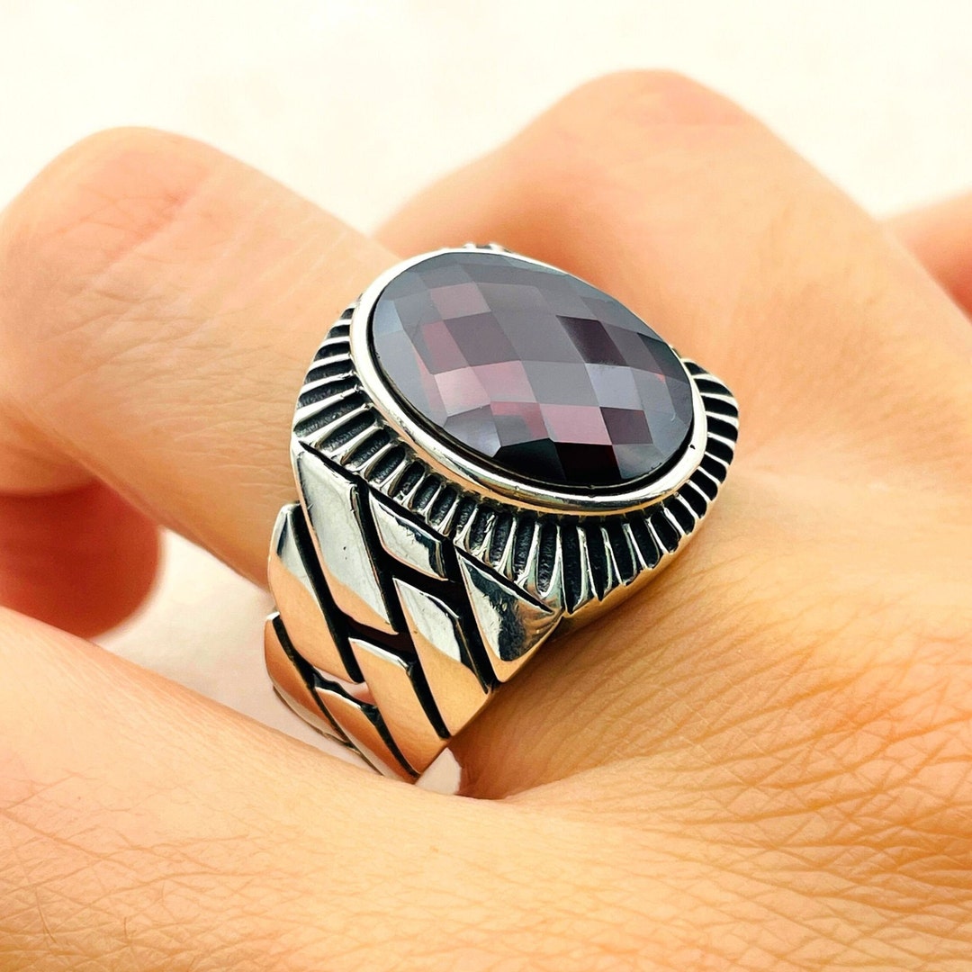Ruby Stone Mens Ring, Red Oval Stone Turkish Handmade Silver Ring ...