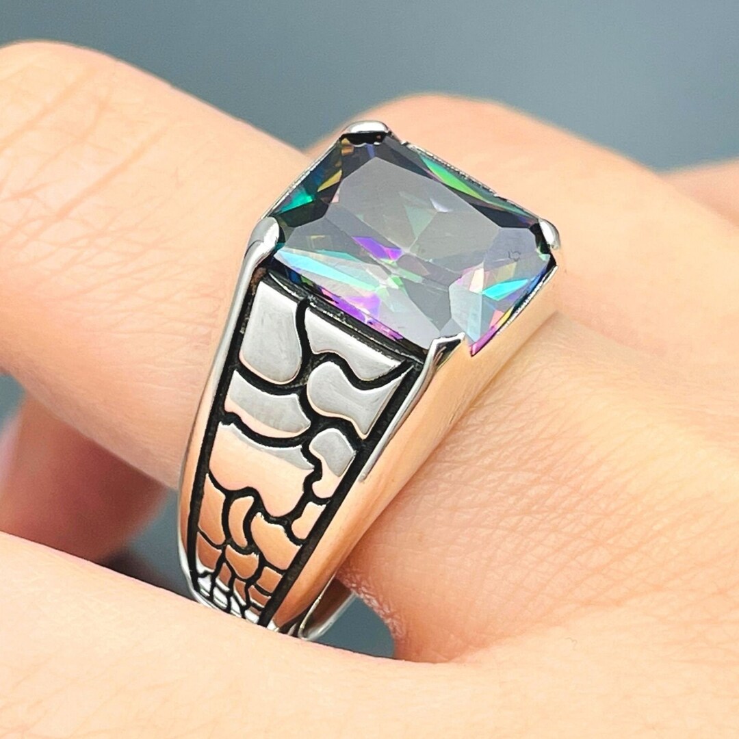 Mystic Topaz Stone Mens Ring, Square Stone Minimalist Silver Ring ...