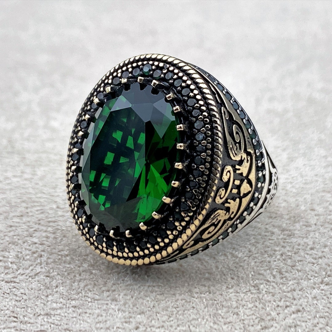 Men's Emerald Stone 925 Sterling Silver Ring: Turkish Handmade Ottoman ...