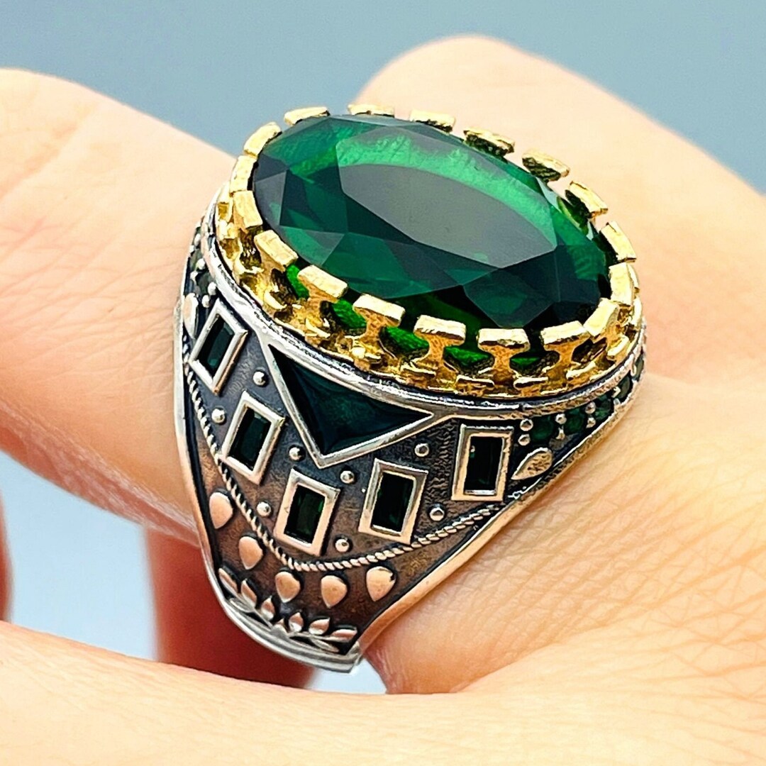 Emerald Green Stone Ring: Turkish Handmade 925 Sterling Silver Ottoman ...