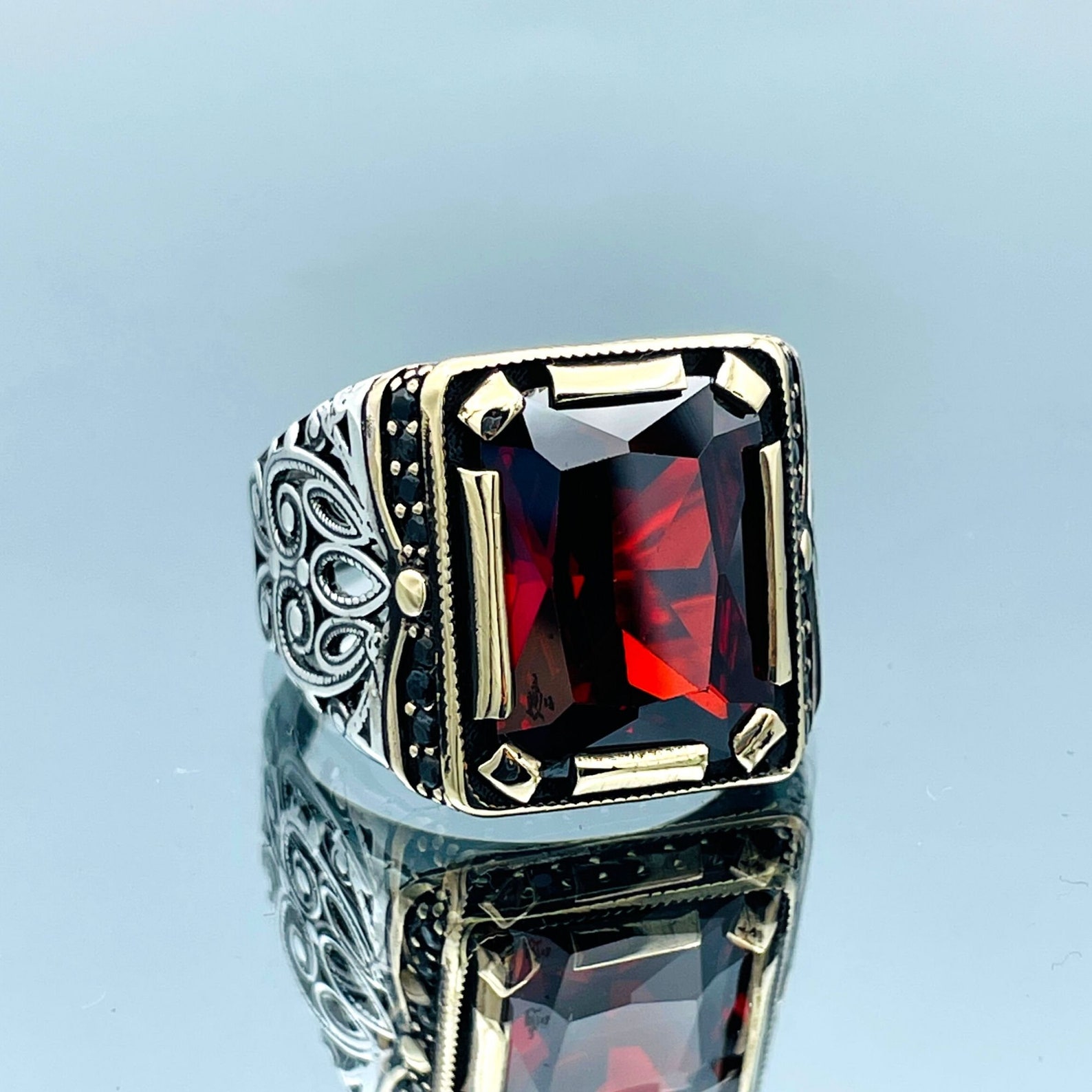 Men's Red Ruby Stone Ring, Turkish Handmade Ring, Squared Stone Ring ...