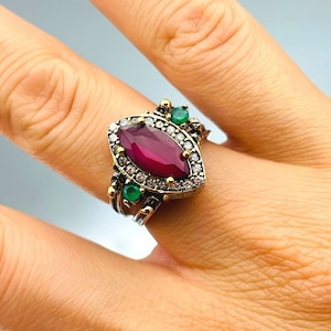 Two in a One Ring, Reversible Ring, Marquise Cut Green Emerald and Red Ruby 2 Band Woman Ring ...