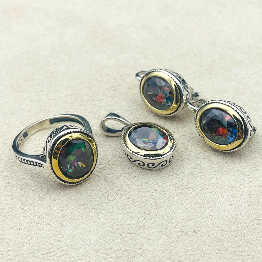Multicolor Mystic Topaz Stone Silver Set Womens, Turkish Handmade ...