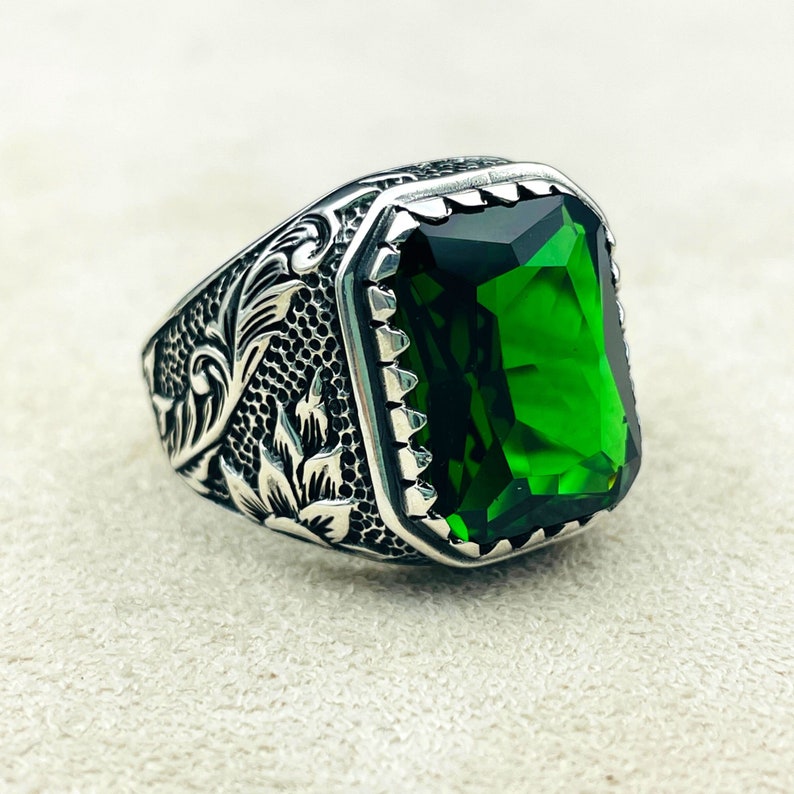 Emerald Ring Men Green Emerald Square Gemstone Handmade - Etsy