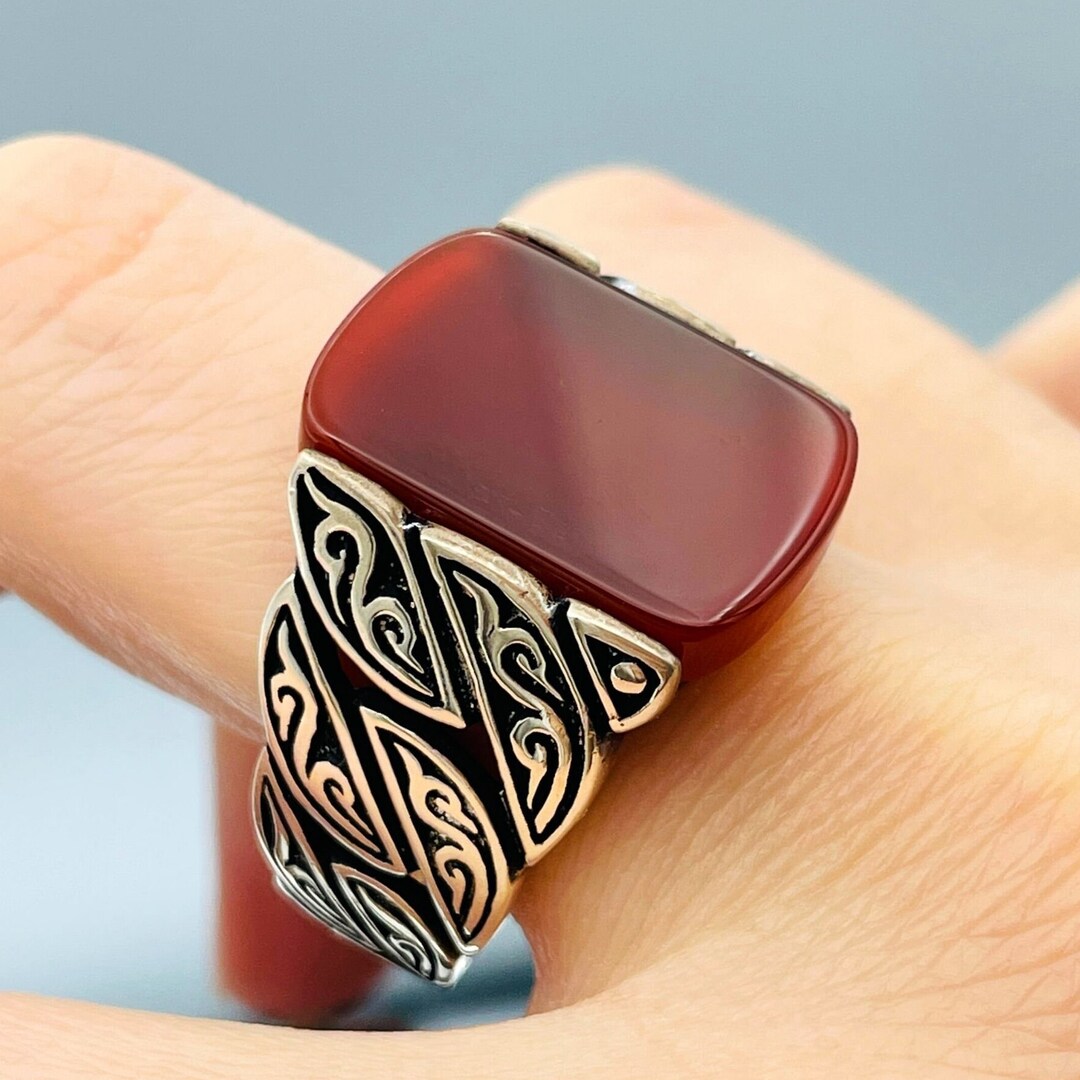 Mens Red Agate Stone Silver Ring, Yemeni Aqeeq Stone Ring, Ottoman Silver Ring, Turkish Handmade ...